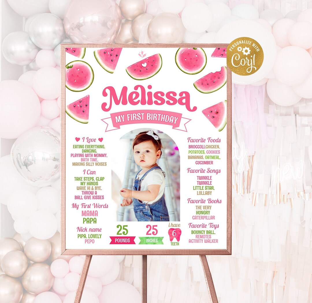 Watermelon Milestone Birthday Poster Pink Watermelon First Birthday ...
