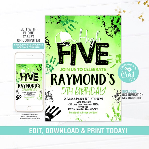 High Five Birthday Invitation, High Five Invite EDITABLE, High Five ...