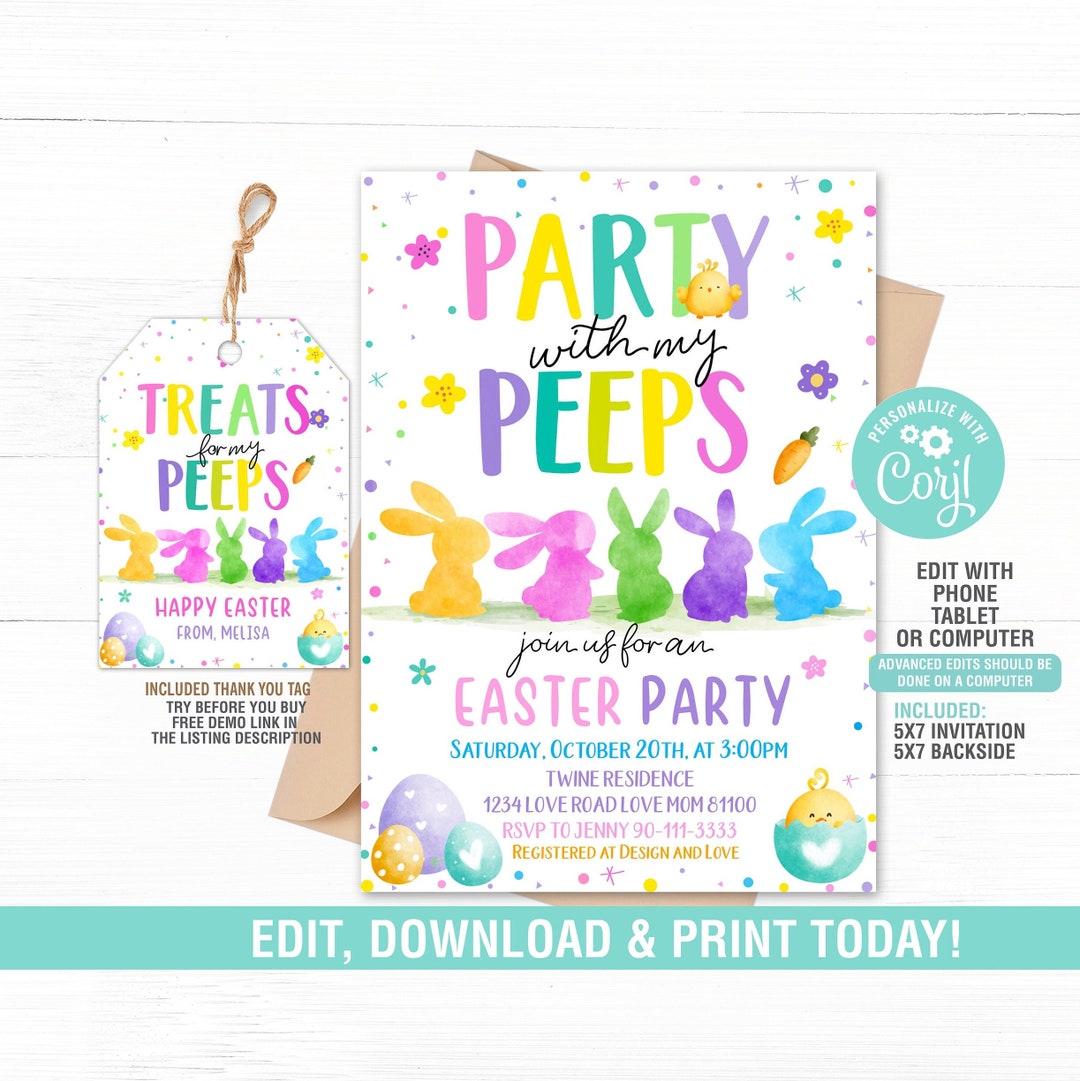 Easter Egg Hunt Invitation SET Editable,party With Peeps, Easter Bunny ...
