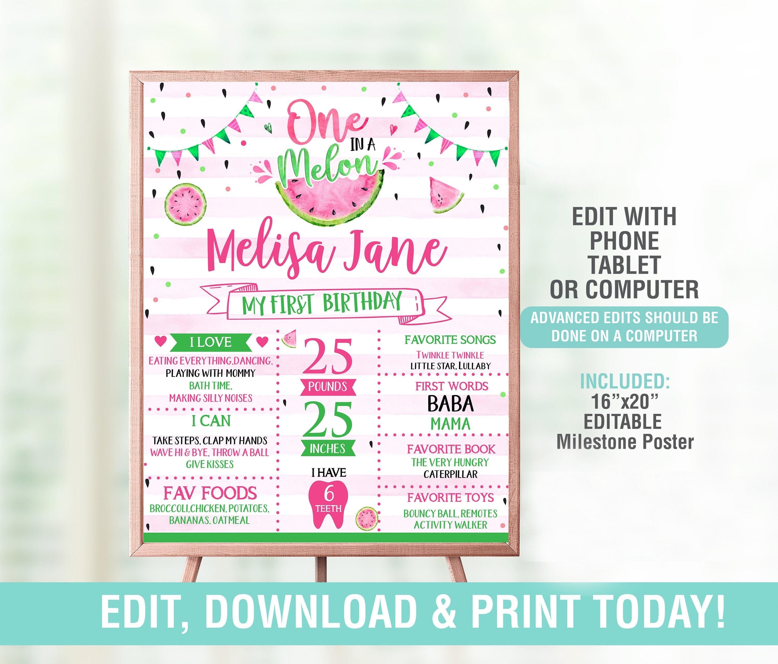 Editable Watermelon Milestone Birthday Poster Pink Watermelon First ...