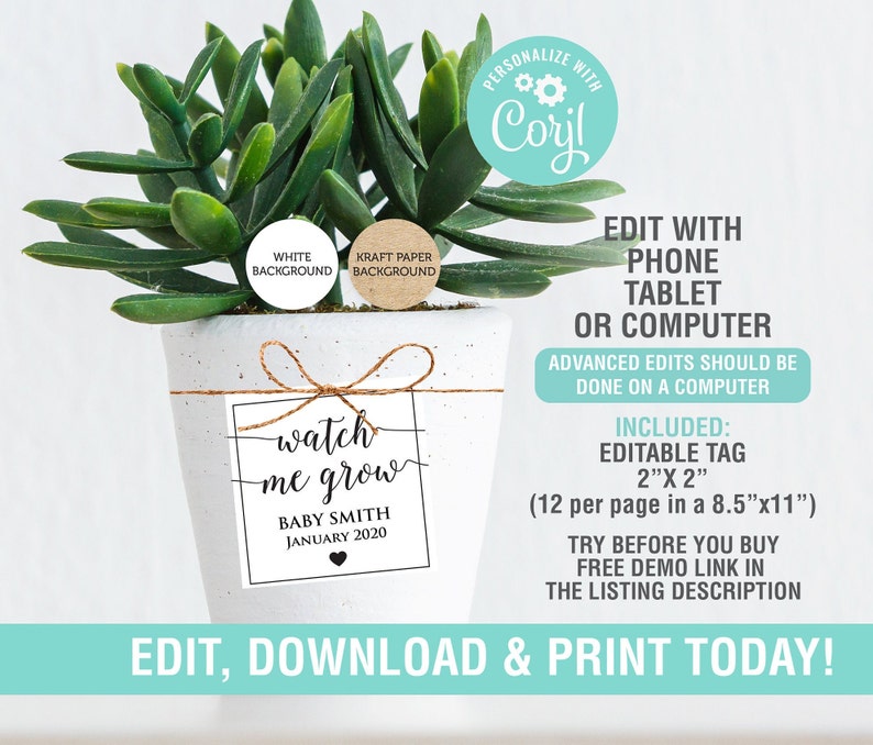 Watch Me Grow Tags Favor Tag Bbay Shower Tags Printable - Etsy