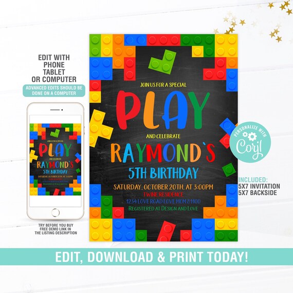 Building Blocks Birthday Invitation EDITABLE, Brick Birthday Invite ...