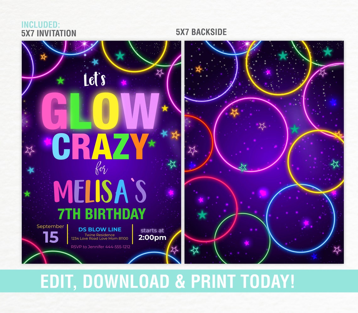 Glow Invitation EDITABLE Lets Glow Crazy Invitation Neon - Etsy