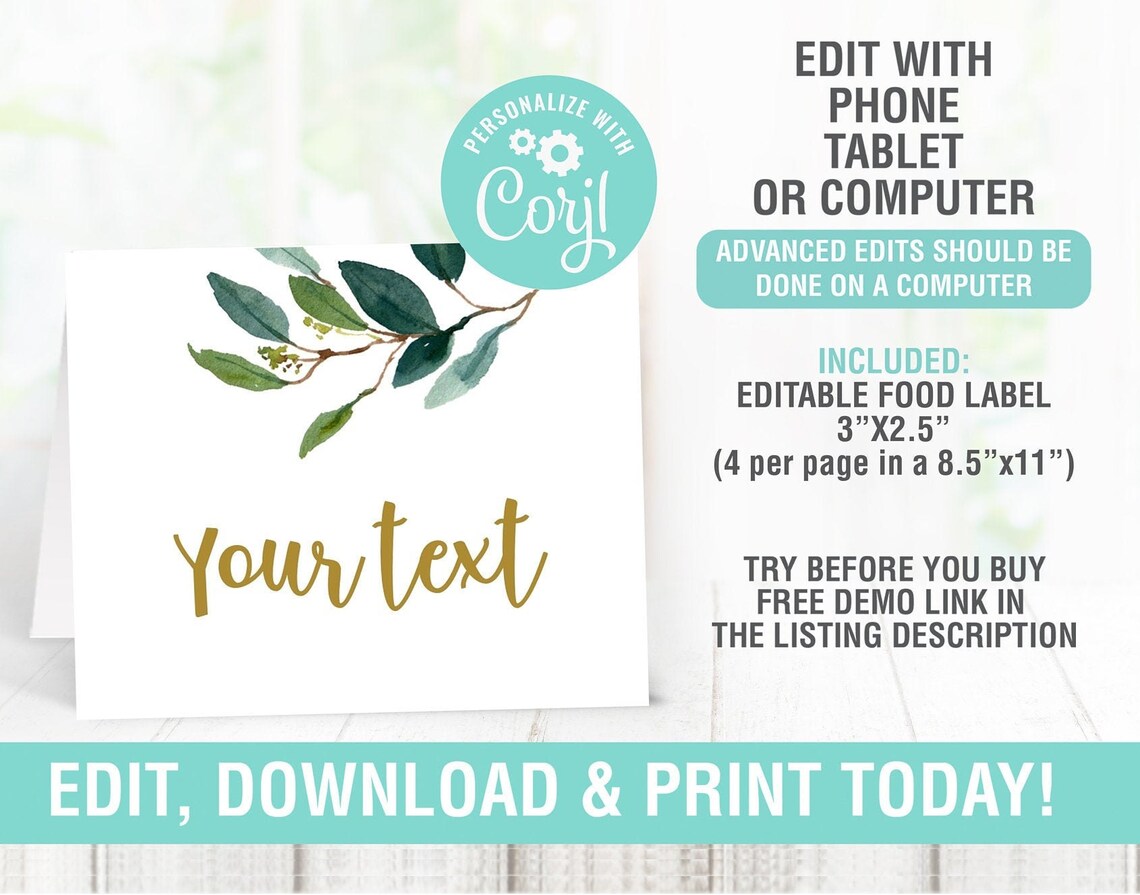 Greenery Buffet Cards Food Label Placecards Food Card - Etsy