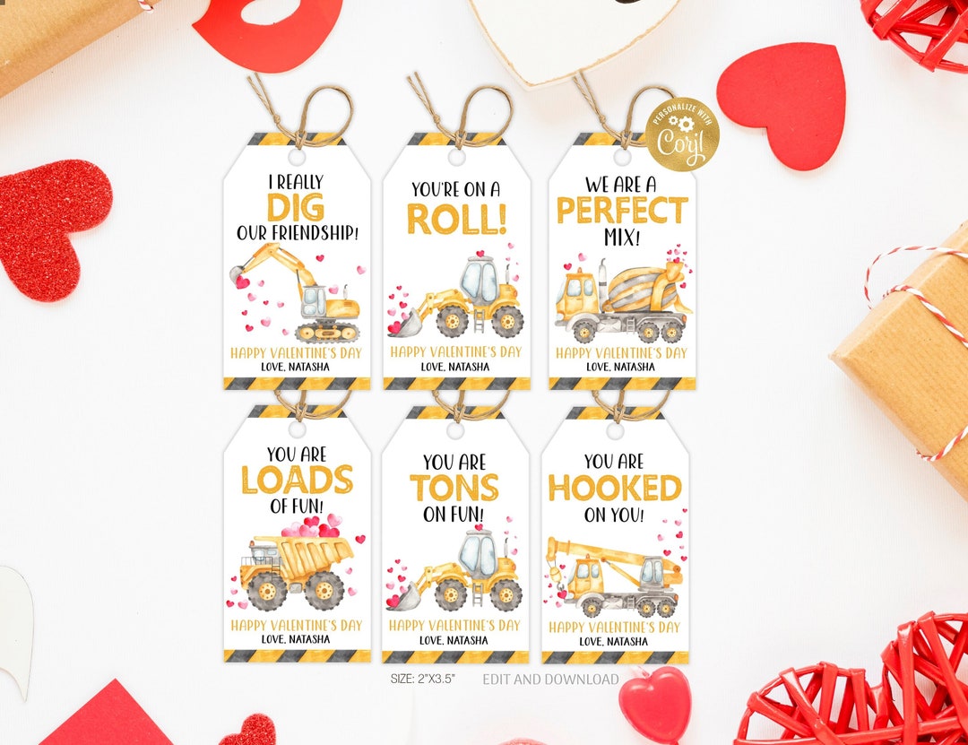 Construction Valentine's Day Tags, Editable Kids School Valentine Label ...