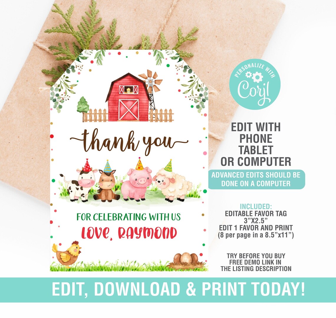 Farm Animal Party Tags EDITABLE Barnyard Party Favor Tags - Etsy