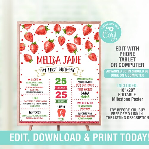 Strawberry Milestone Birthday Poster EDITABLE Berry Sweet - Etsy