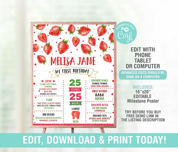 Strawberry Milestone Birthday Poster EDITABLE, Berry Sweet First ...
