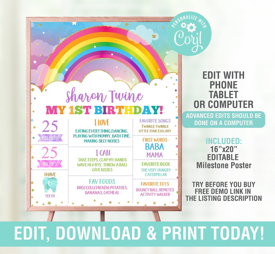 Rainbow Milestone Birthday Poster Editablefirst Birthday | Etsy