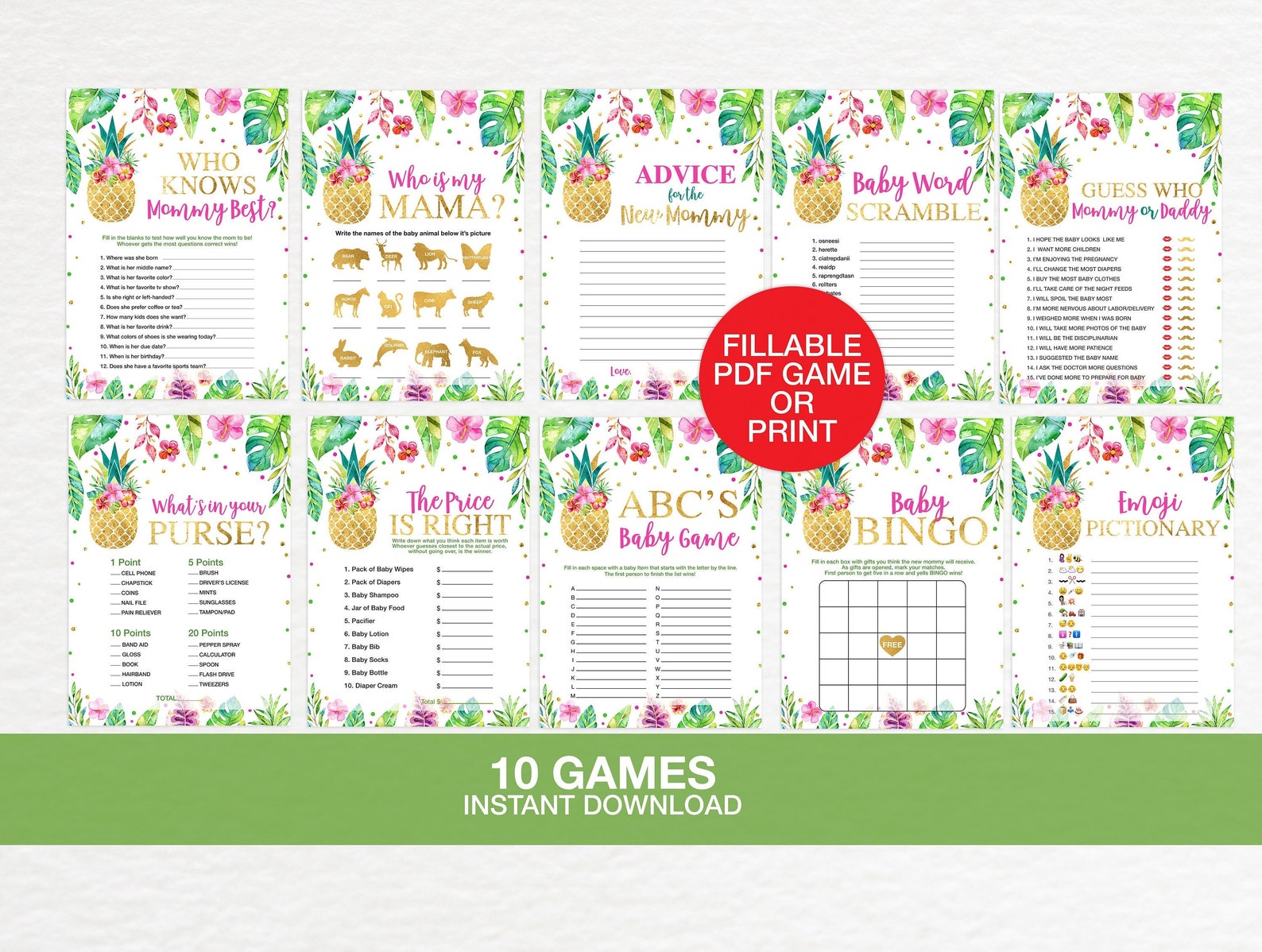 Aloha Shower Games Pack Tropical Baby Game Printable - Etsy