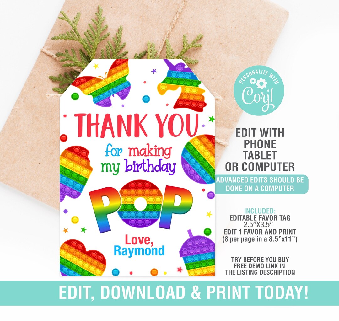 Pop It Party Favor Tag Editable Rainbow Party Label Pop It - Etsy