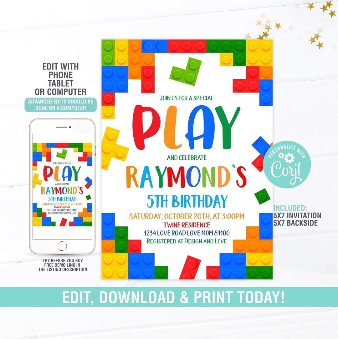 Building Blocks Birthday Invitation EDITABLE, Brick Birthday Invite ...