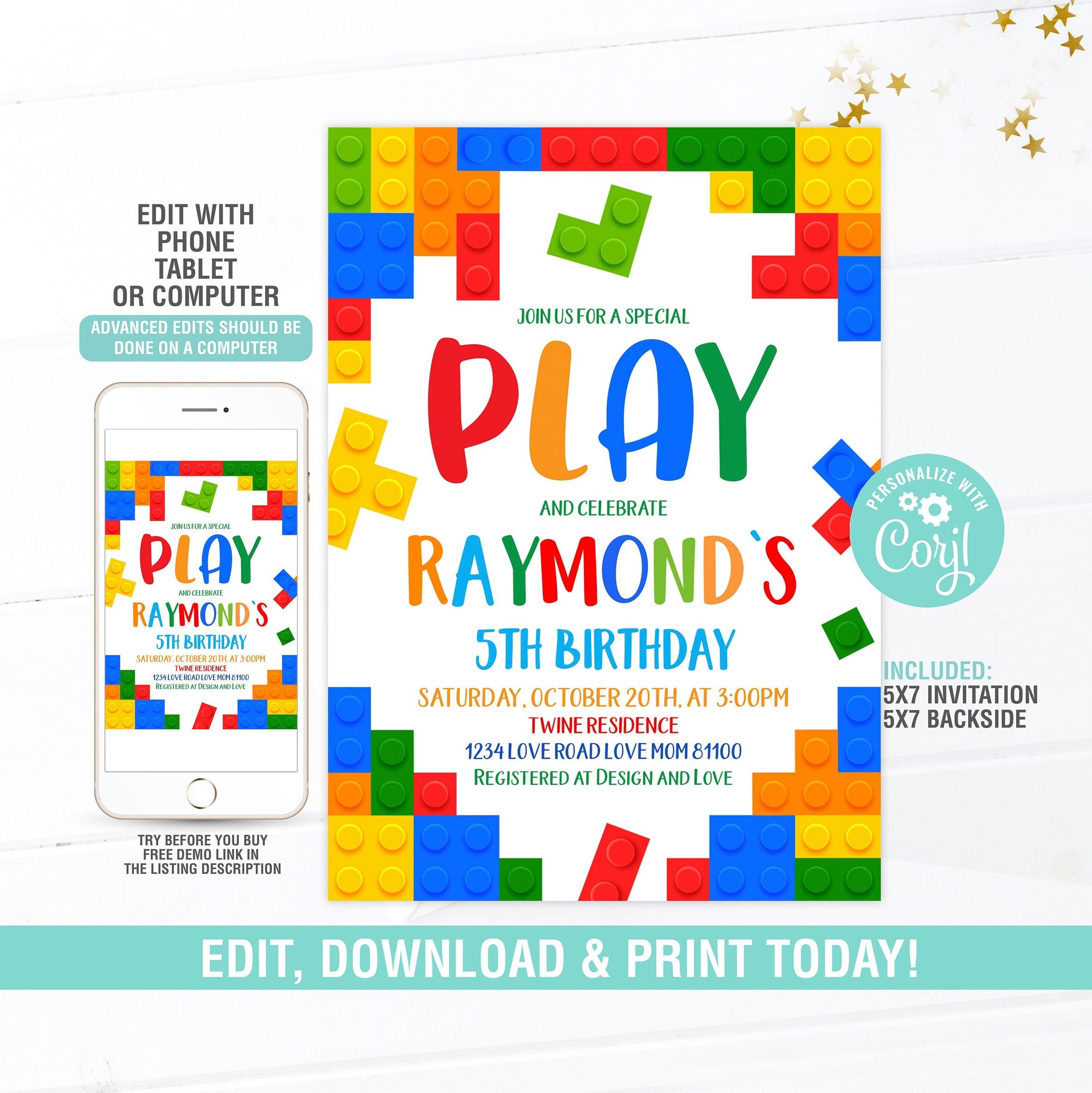 Building Blocks Birthday Invitation EDITABLE Brick Birthday - Etsy