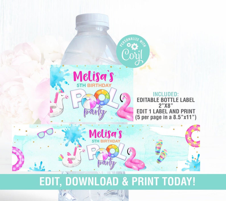 Pool Party Water Bottle Label EDITABLE Pool Party Labels | Etsy
