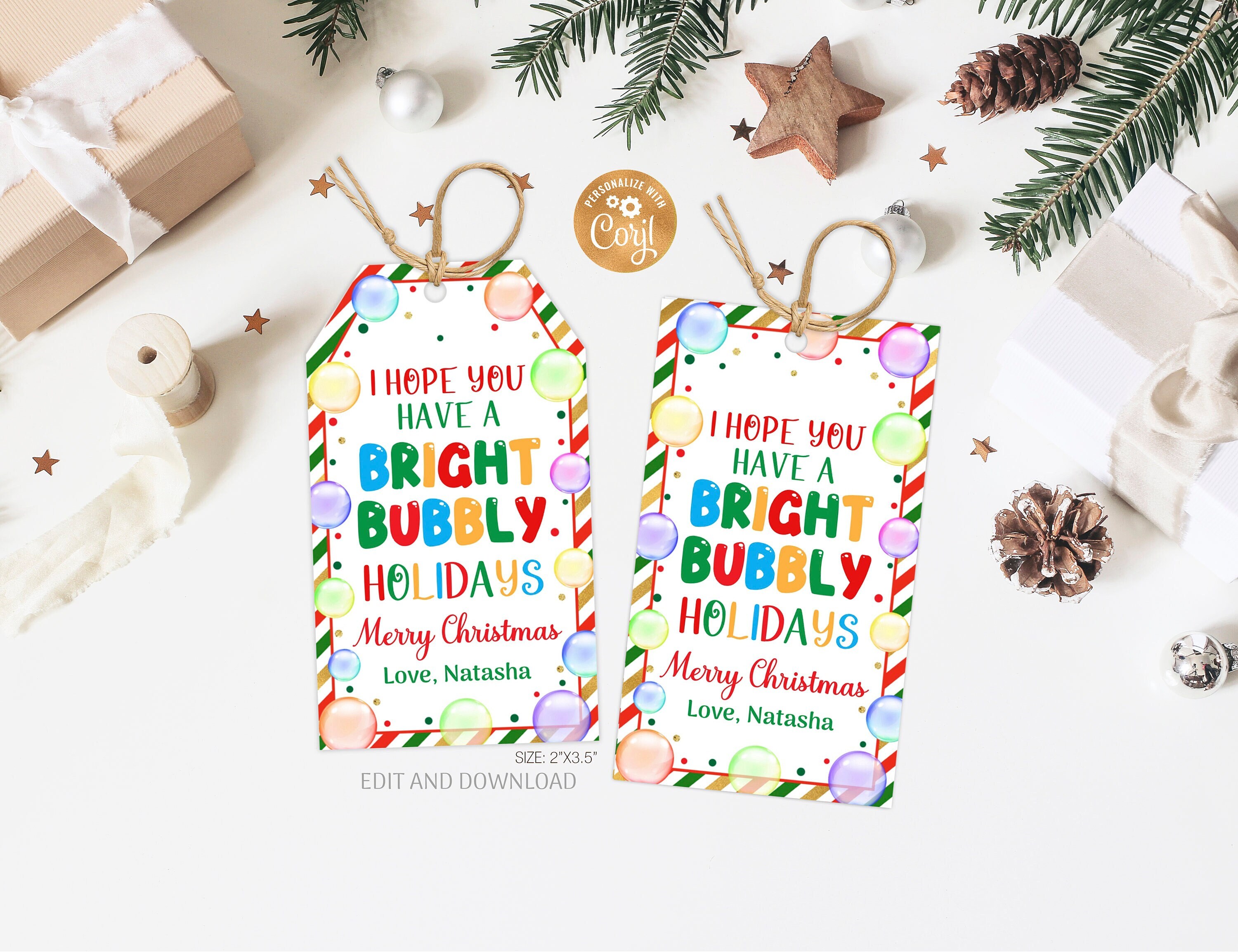 Christmas Bubble Tag Bright Editable Bubbly Holiday Tag Christmas Favor ...