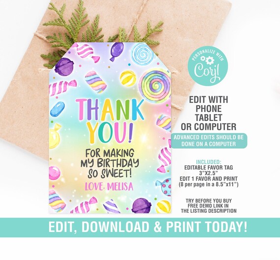 Candy Party Tags EDITABLE, Candy Land Party Favor Tags, Sweet ...