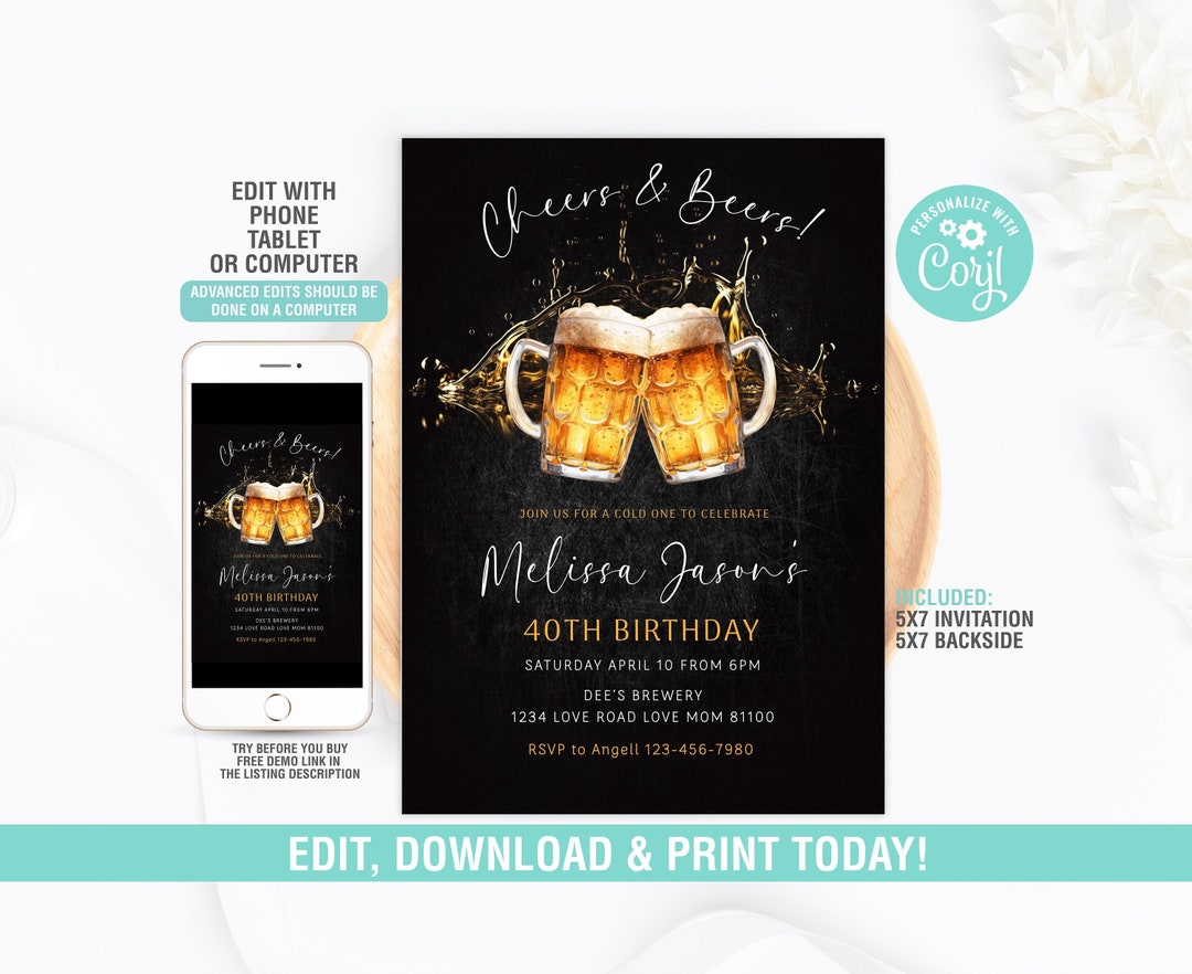Cheers and Beers Birthday Party Invitation Editable 30th 40th 50th ...