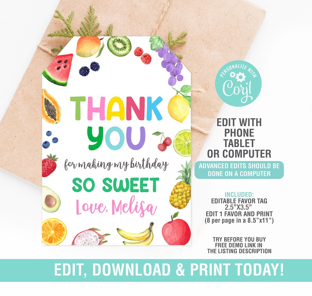 Fruit Favor Tags EDITABLE, Thank You Tags, Summer Fruit Thank You Tags ...
