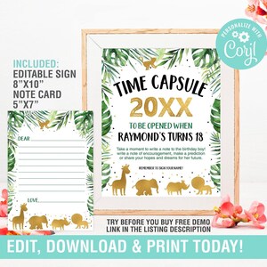 Safari Time Capsule Sign EDITABLE, Matching Note Cards Wild One Safari ...