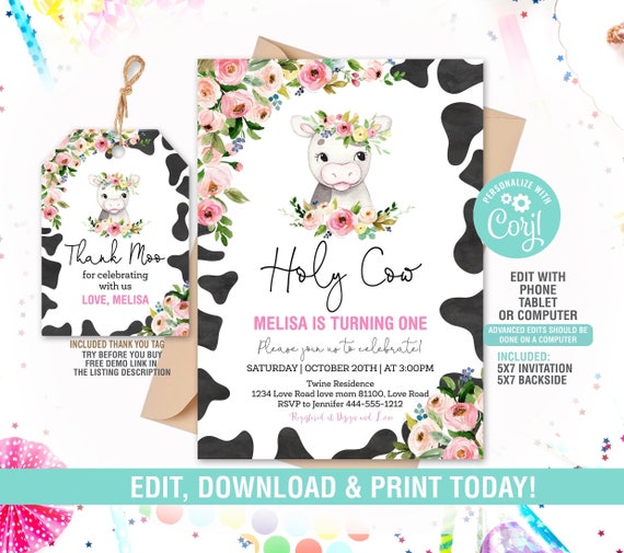 Cow Invitation, Cow Invite Editable, Holy Cow Birthday Invite, Girl Cow ...