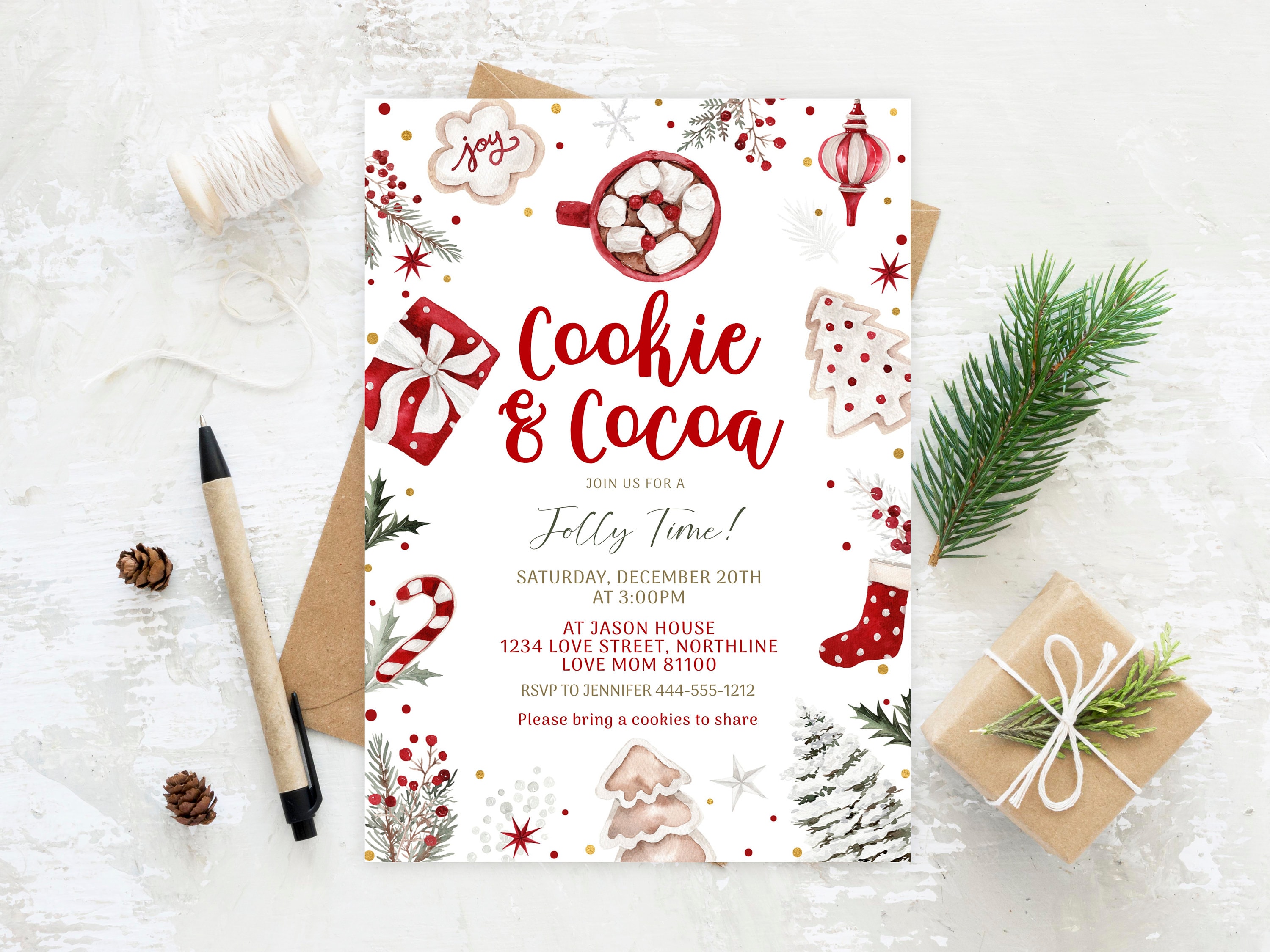 Editable Cookies and Cocoa Invitation, Christmas Winterparty Invitation ...
