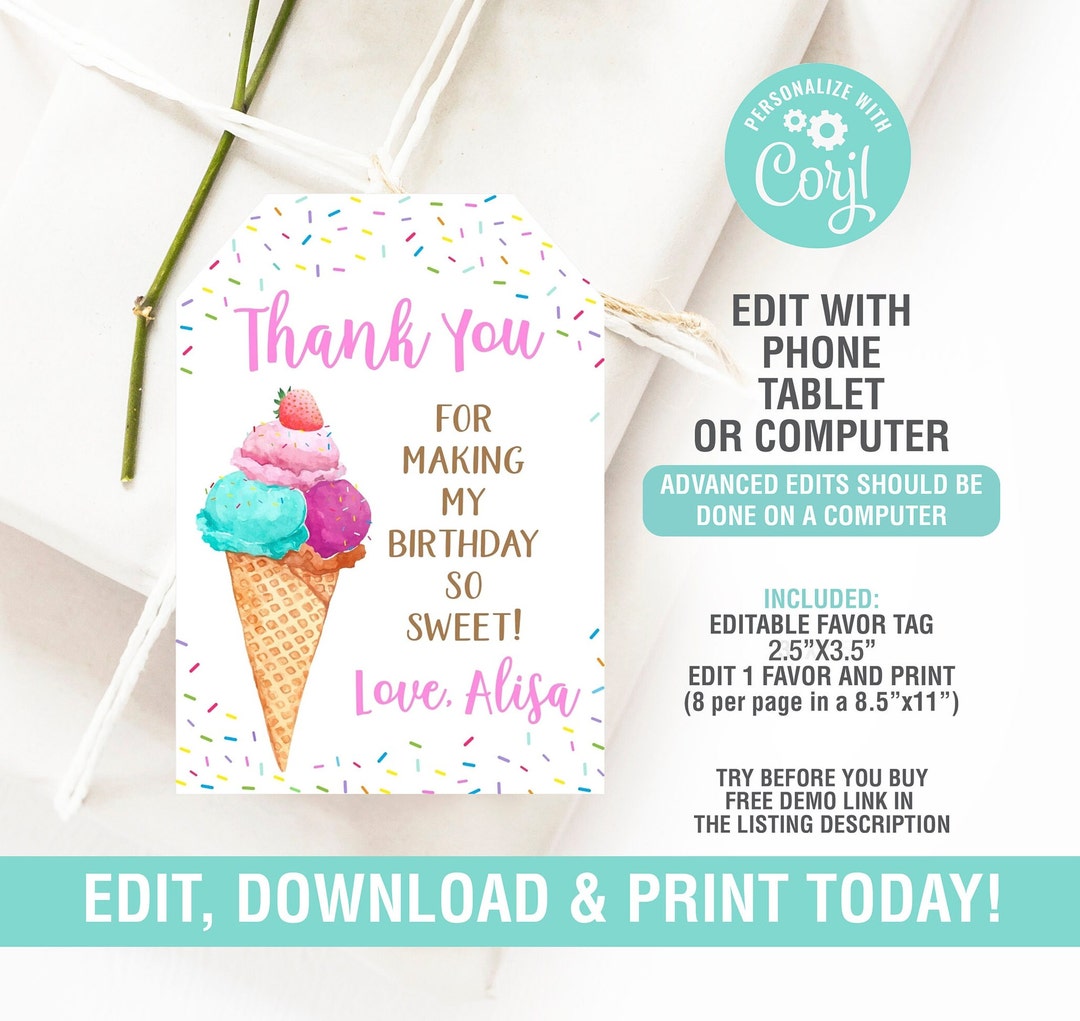 Ice Cream Favor Tag, Ice Cream Sundae Thank You Tags, Ice Cream Cone ...