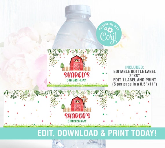 FARM Water Bottle Labels EDITABLE Farm Theme Birthday Party - Etsy