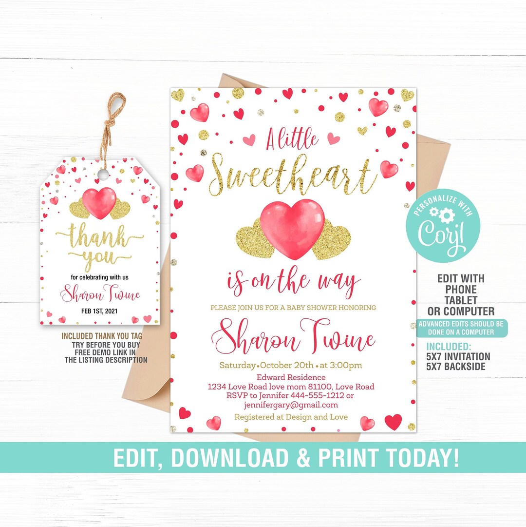 Valentine Baby Shower Red Invitation EDITABLE, Valentine Favor Tag, A ...