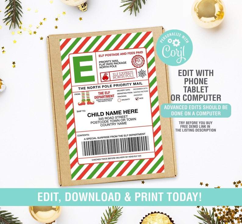 Elf Mail Shipping Label Editable Santa Mail ELF Mail Arrival - Etsy