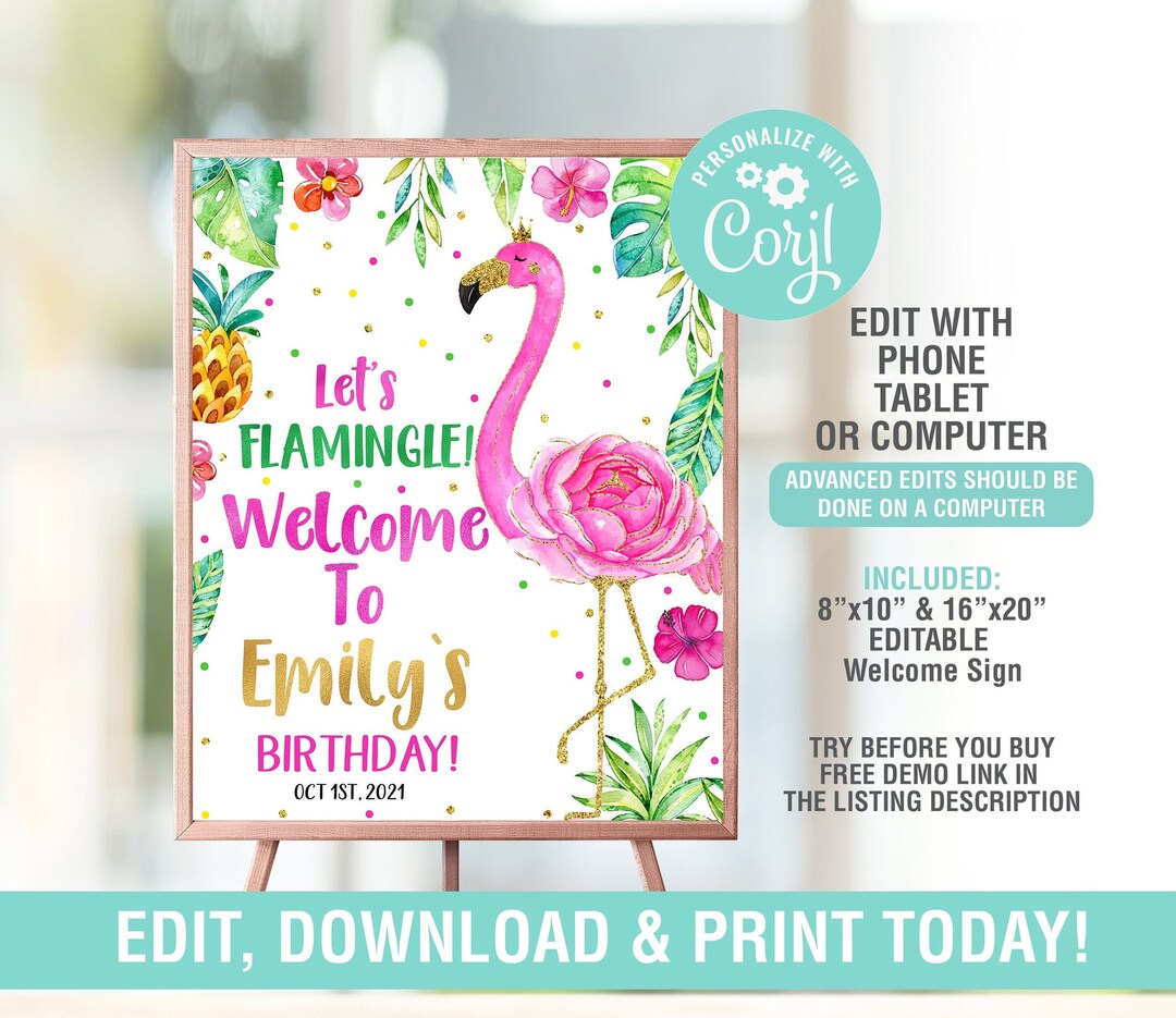 Flamingo Welcome Sign EDITABLE, Flamingo Table Sign, Flamingle Birthday ...