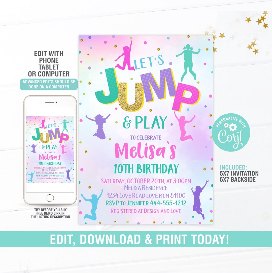 Jump Birthday Invitation EDITABLE, Jump Invitation, Jump Party Invite ...