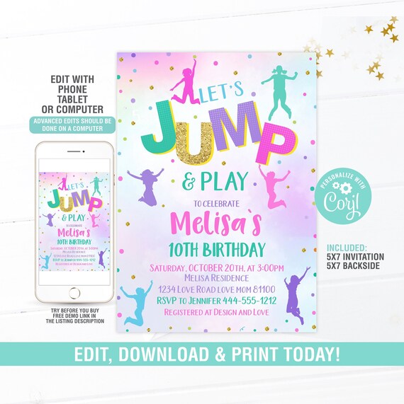 Jump Birthday Invitation EDITABLE, Jump Invitation, Jump Party Invite ...