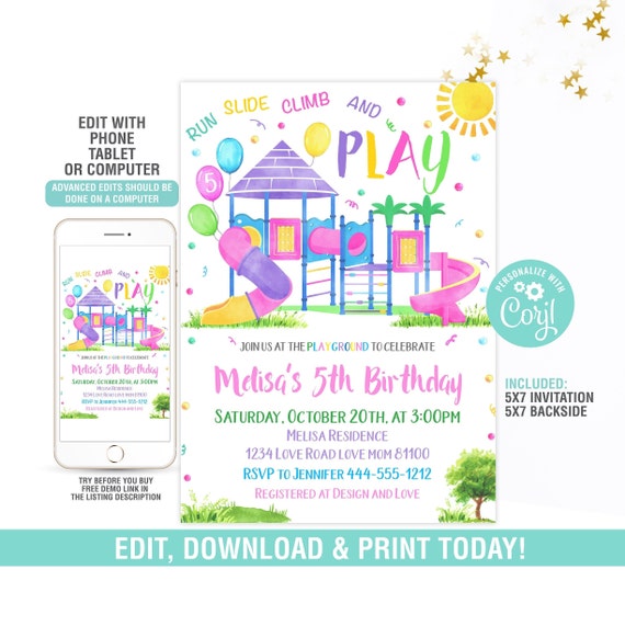 Playground Birthday Invitation EDITABLE, Park Party Invitation, Outdoor ...