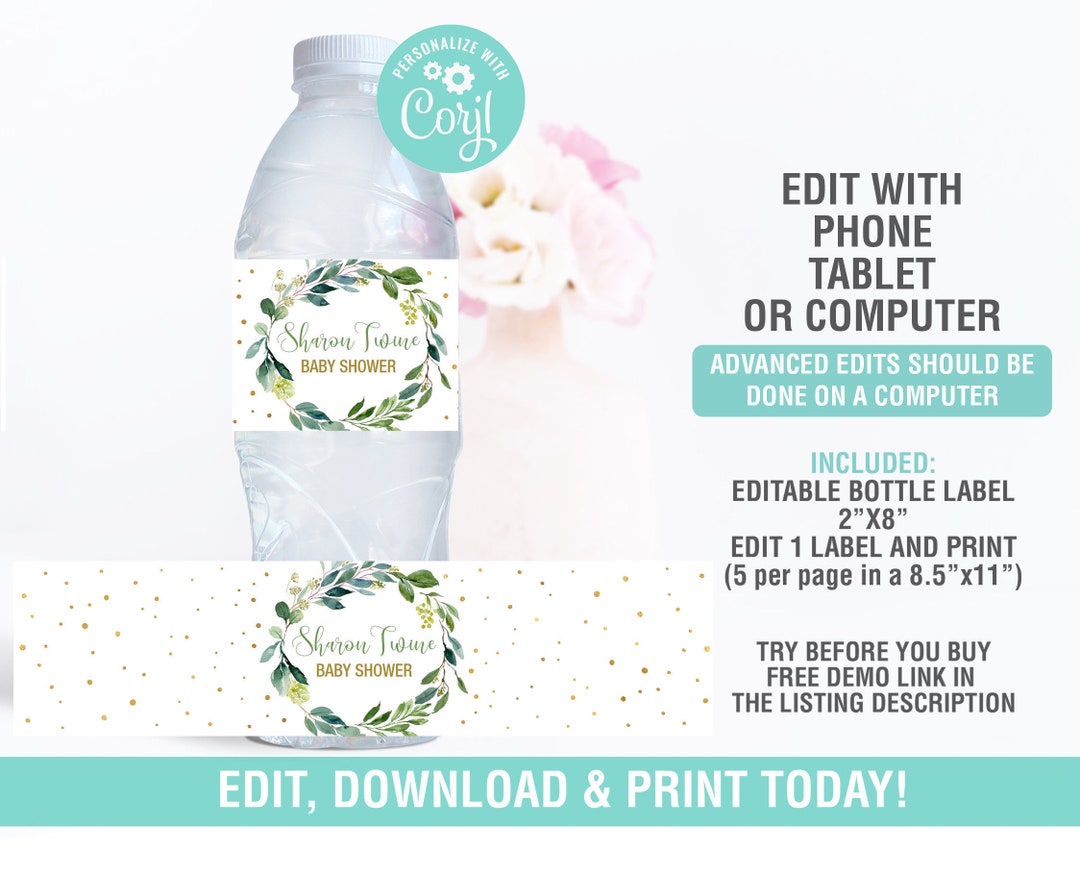 Greenery Waterbottle Label Template, Waterbottle Printable, Greenery ...