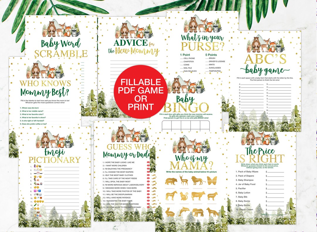 Woodland Baby Shower Game Bundle, Virtual Baby Shower Game, Woodland ...