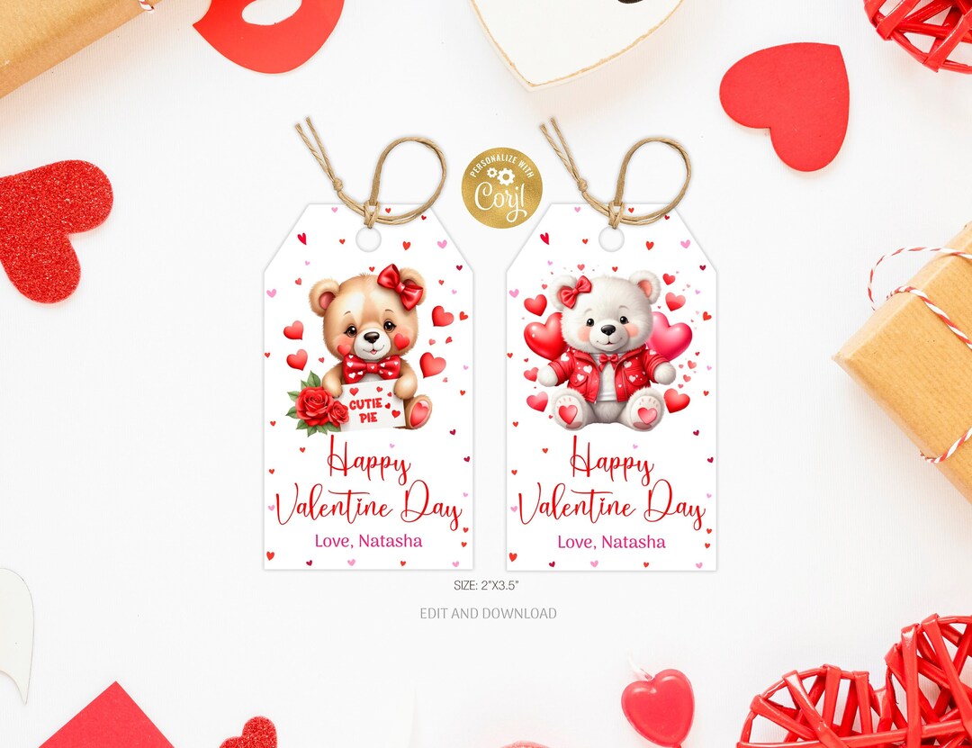 Valentine Gift Tags Editable, Teddy Bear Valentine Gift Tags, Happy ...