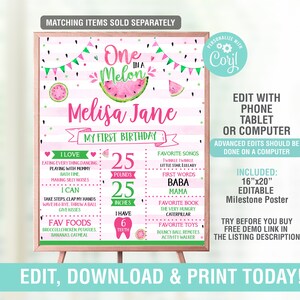 Editable Watermelon Milestone Birthday Poster Pink Watermelon First ...