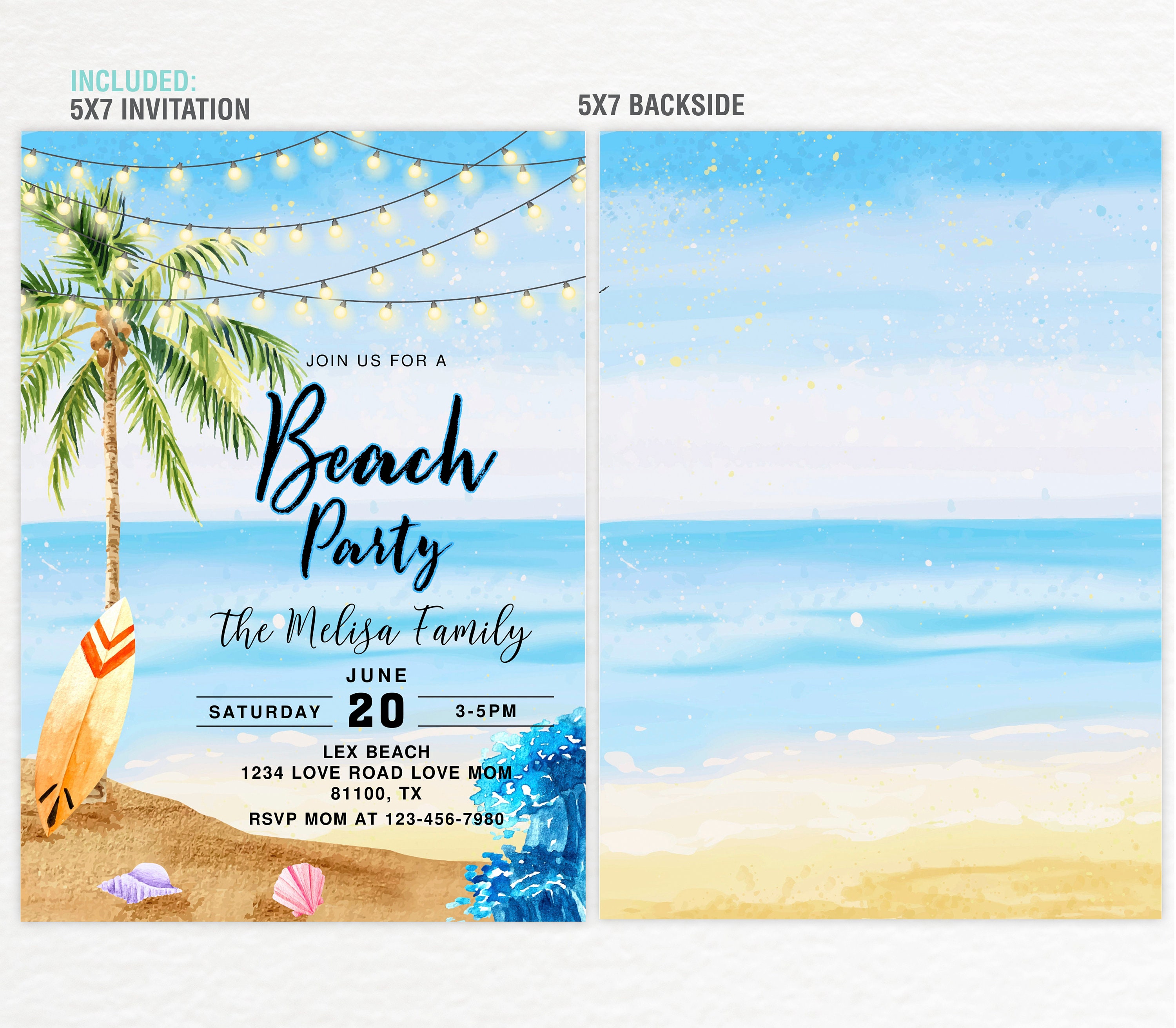 Beach Party Invitation, Summer Ocean Party Template Surf up Tropical ...