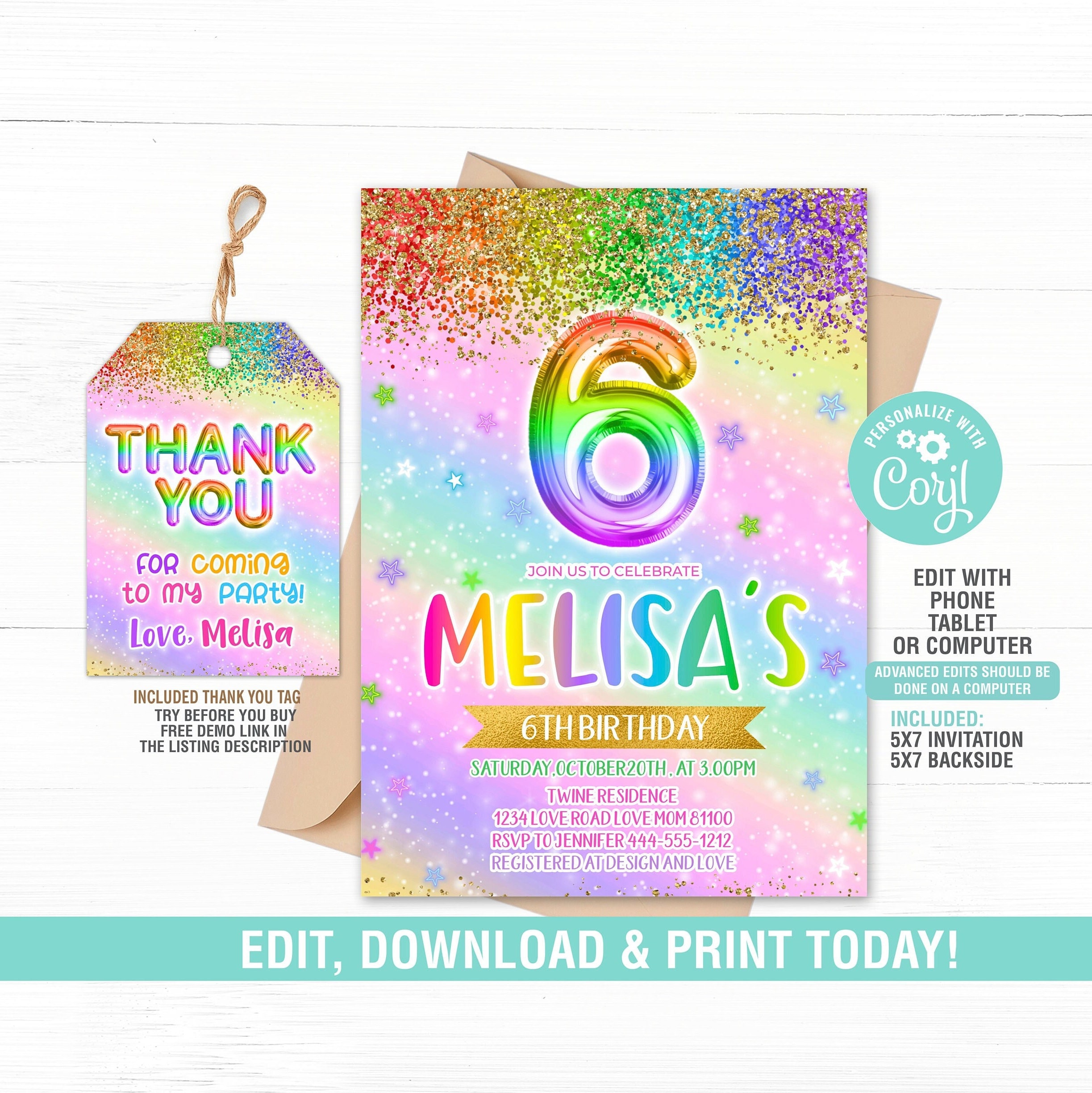 6th Birthday Invitation EDITABLE, Rainbow Glitter Birthday Invite ...