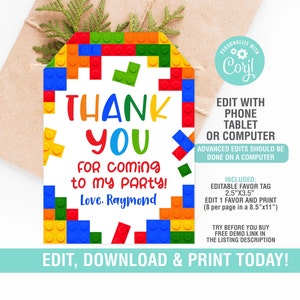 Building Blocks Party Tags EDITABLE, Building Blocks Party Favor Tags ...