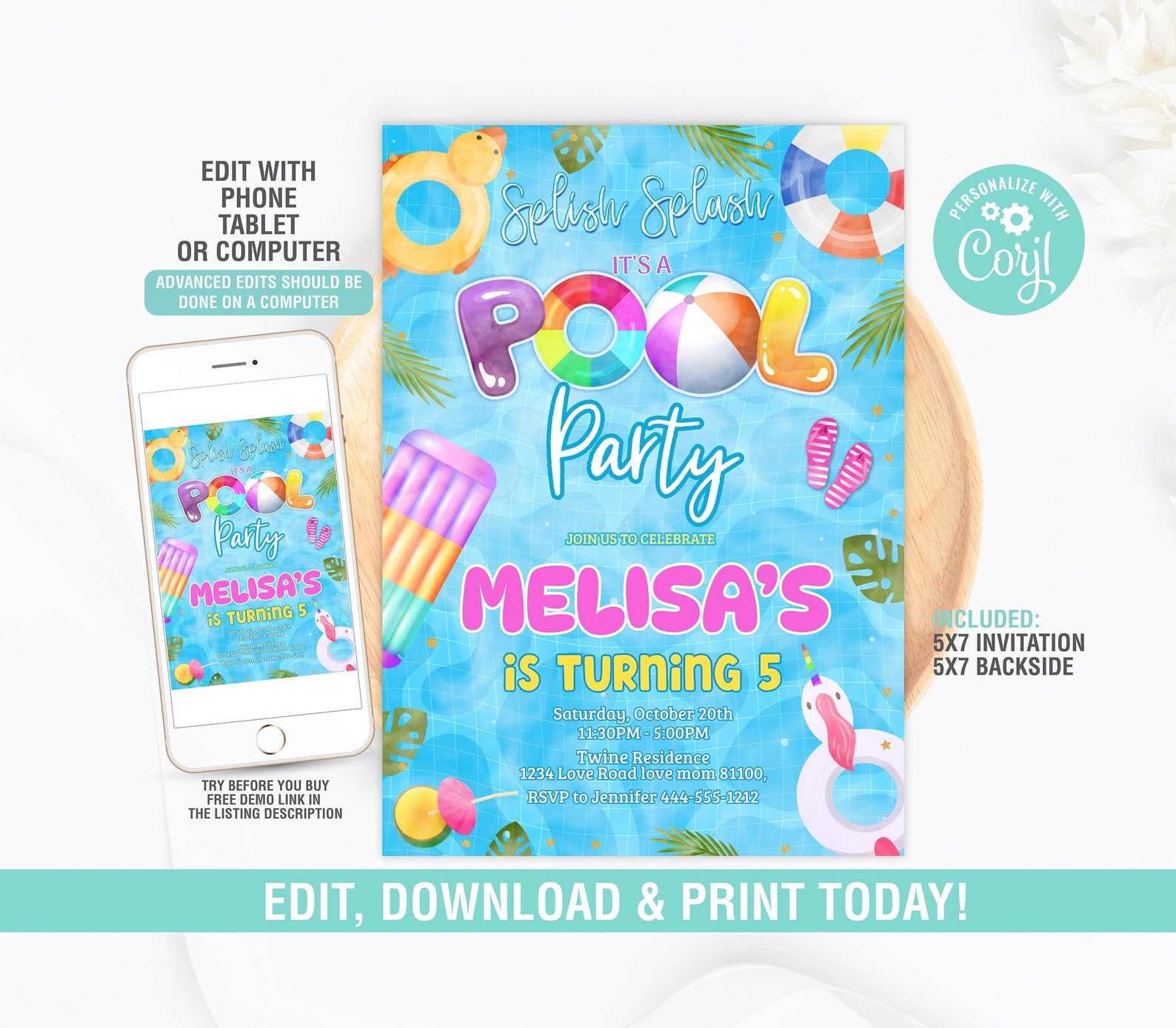 EDITABLE Pool Party Birthday Invitation, Pool Invitation, Summer Pool ...