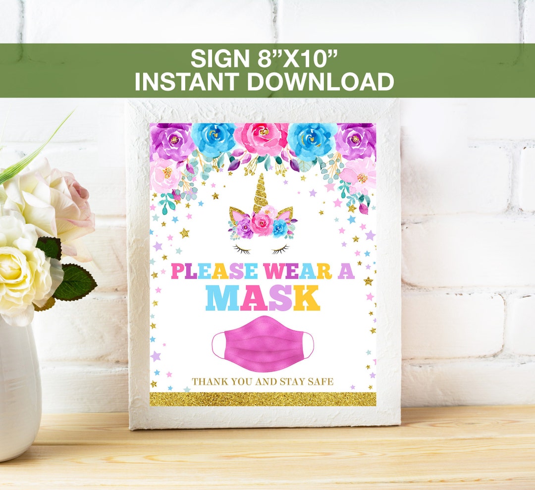 Please Wear A Mask Sign, Stay Safe Sign, Social Distancing Sign,unicorn ...