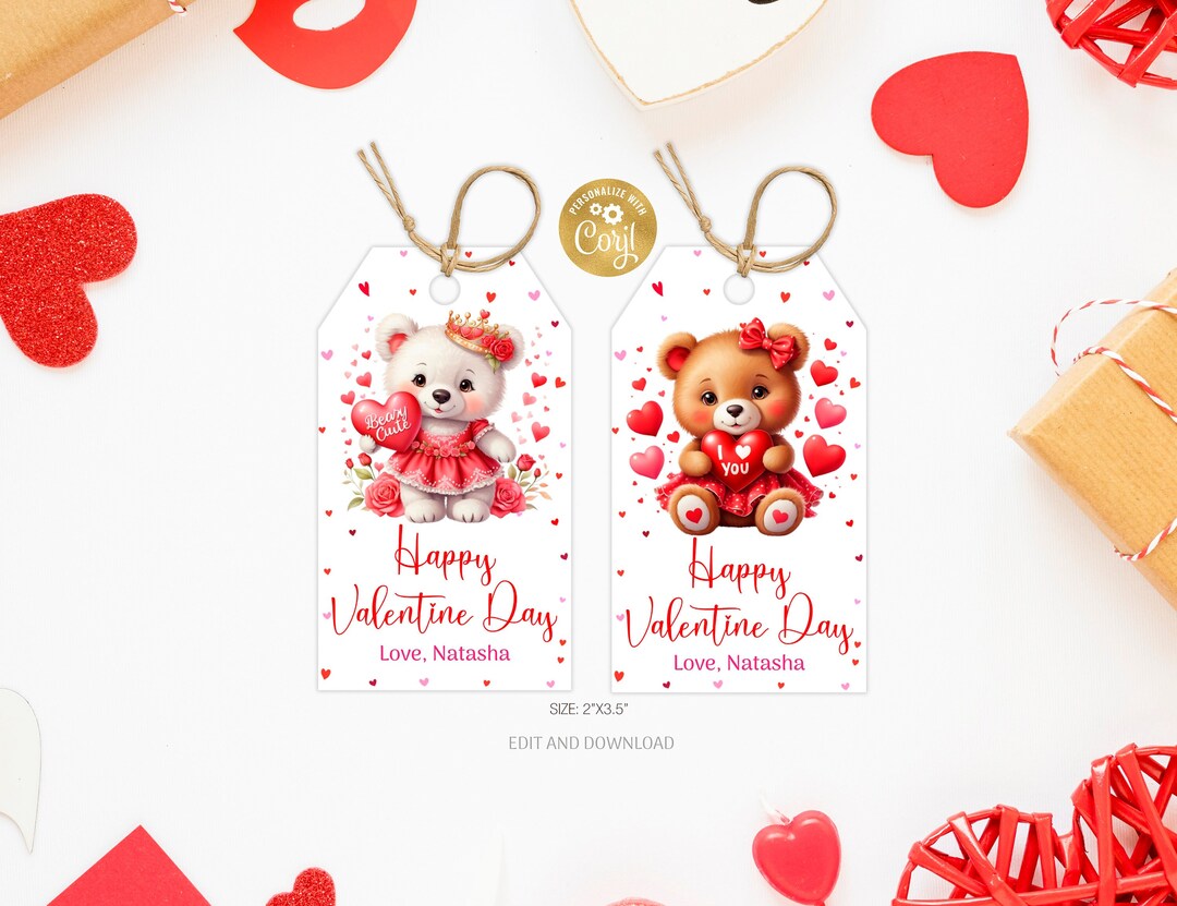 Valentine Gift Tags Editable, Teddy Bear Valentine Gift Tags, Happy ...