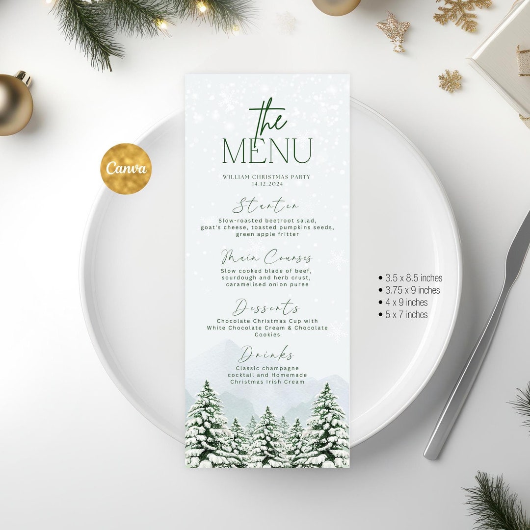 Modèle de menu de Noël, carte de menu de Noël modifiable, menu de Noël ...