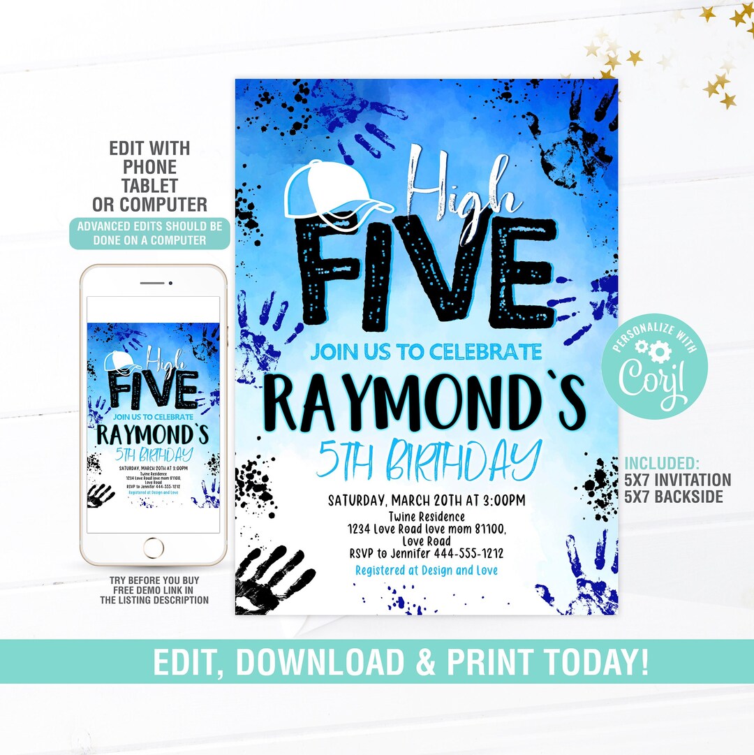 High Five Birthday Invitation EDITABLE, Five Invite, High Five Party ...