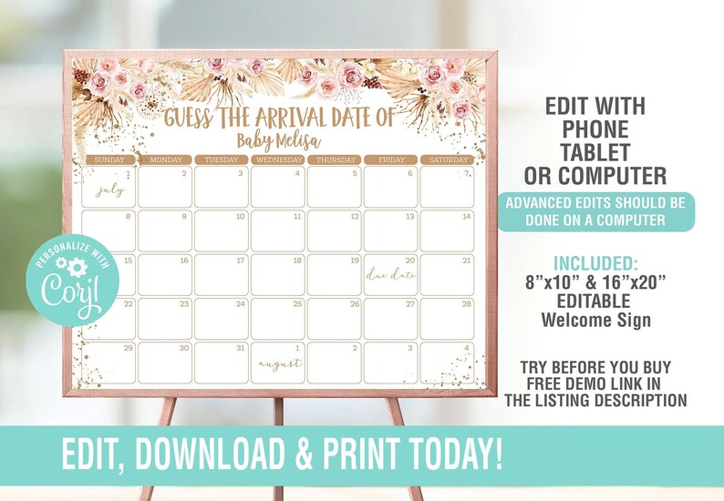 Pampas Grass Baby Due Date Calendar Game EDITABLE Boho Due - Etsy