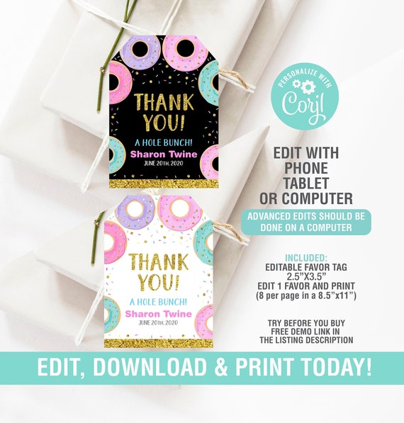 Donut Tags, Printable Donut Favor Tag, Donut Gift Tags,Goodie Bag Tag ...