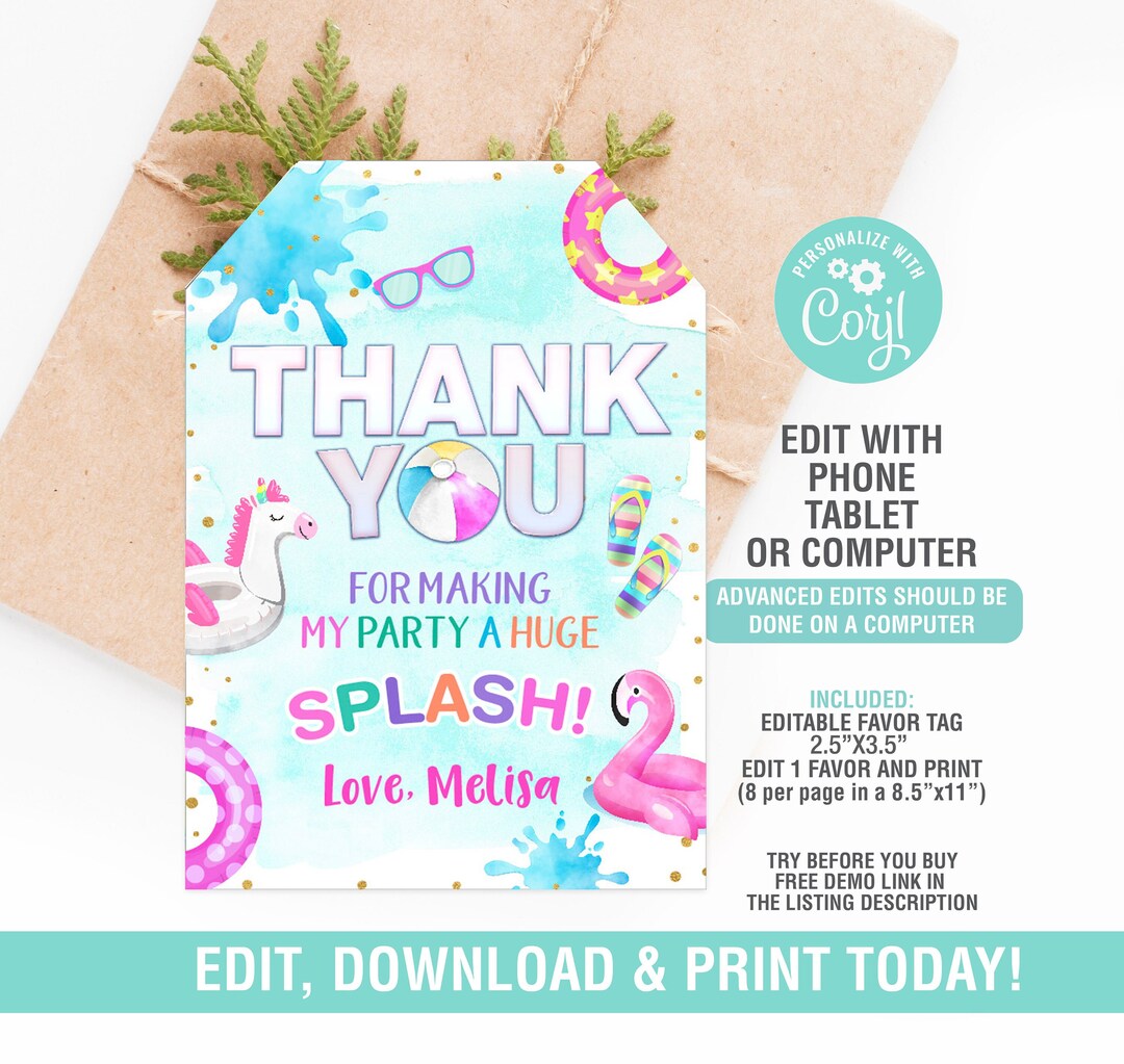 Pool Party Favor Tag EDITABLE, Thank You Tags, Pool Party Thank You Tag ...