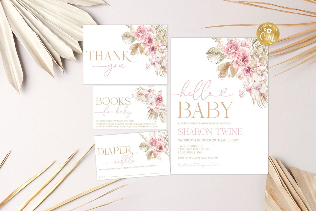Boho Baby Pink Invitation Bundle Template, Pampas Grass Shower, Boho ...