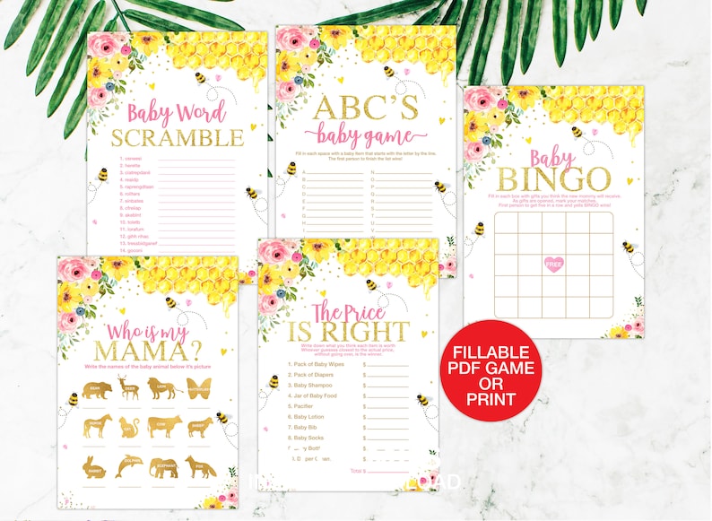 Bee Baby Shower Game Bundle Fillable, Honey Bee Baby Shower Game Pack ...